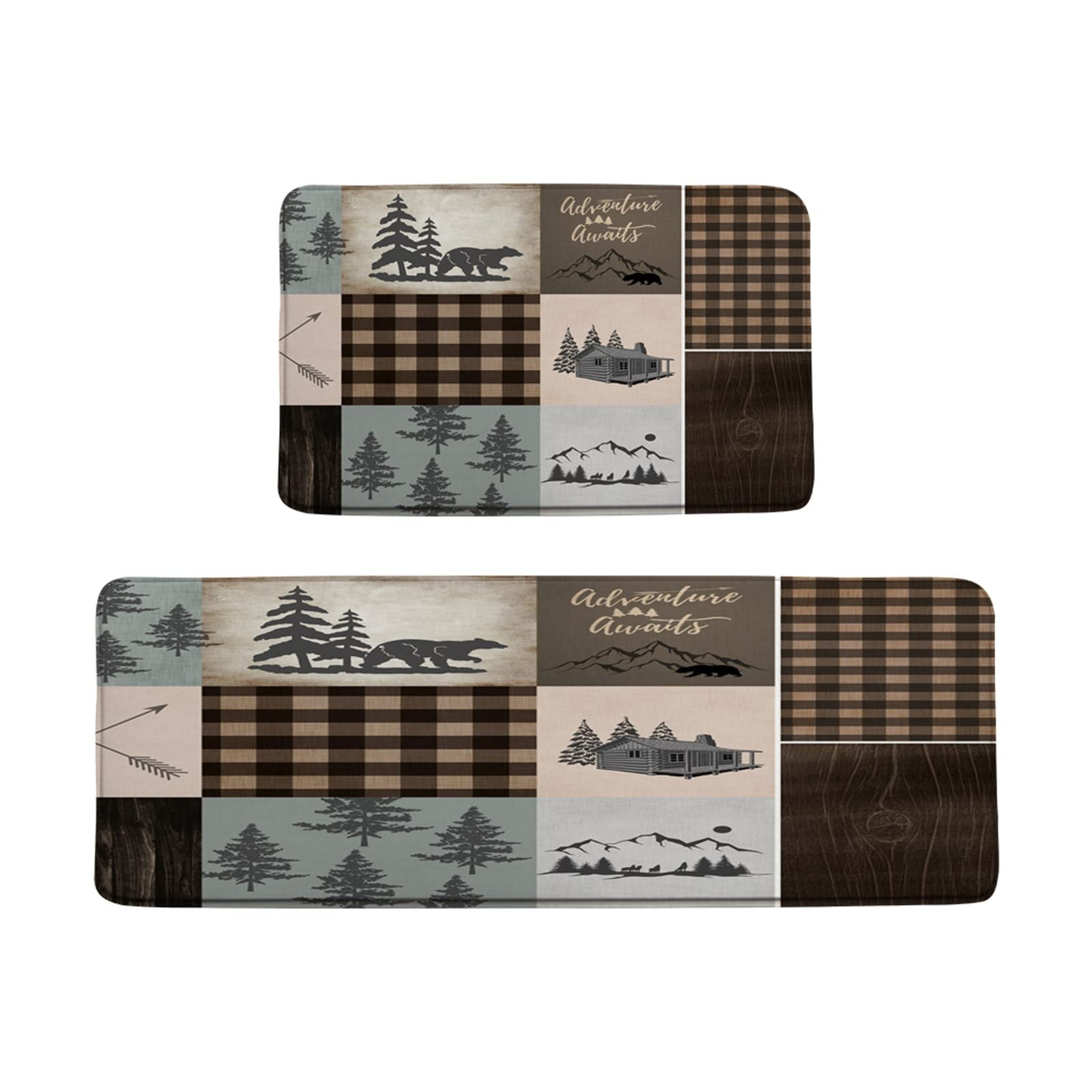 2Pcs Rustic Cabin Kitchen Mat Retro Lodge Bear Moose Deer Mountain Forest Farmhouse Buffalo Plaid Country Hunting Soft Non-Slip Mat Absorbent Carpet Bath Rugs Floor Decor 15.7”x23.6”+15.7”x47.2”