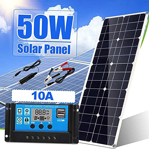 50W 5V/18V Solar Panel USB Output Monocrystalline Solar Panel IP65 Water-resistant with 10A Solar Charge Controller Regulator for Car Yacht Batterys Boat Charger