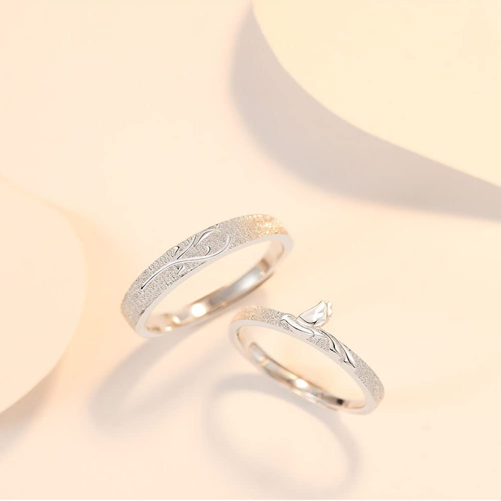 2PCS Adjustable Rings Couples Promise Engagement Rings for Him and Her Couples You Rings (Tree And Bird), Silver