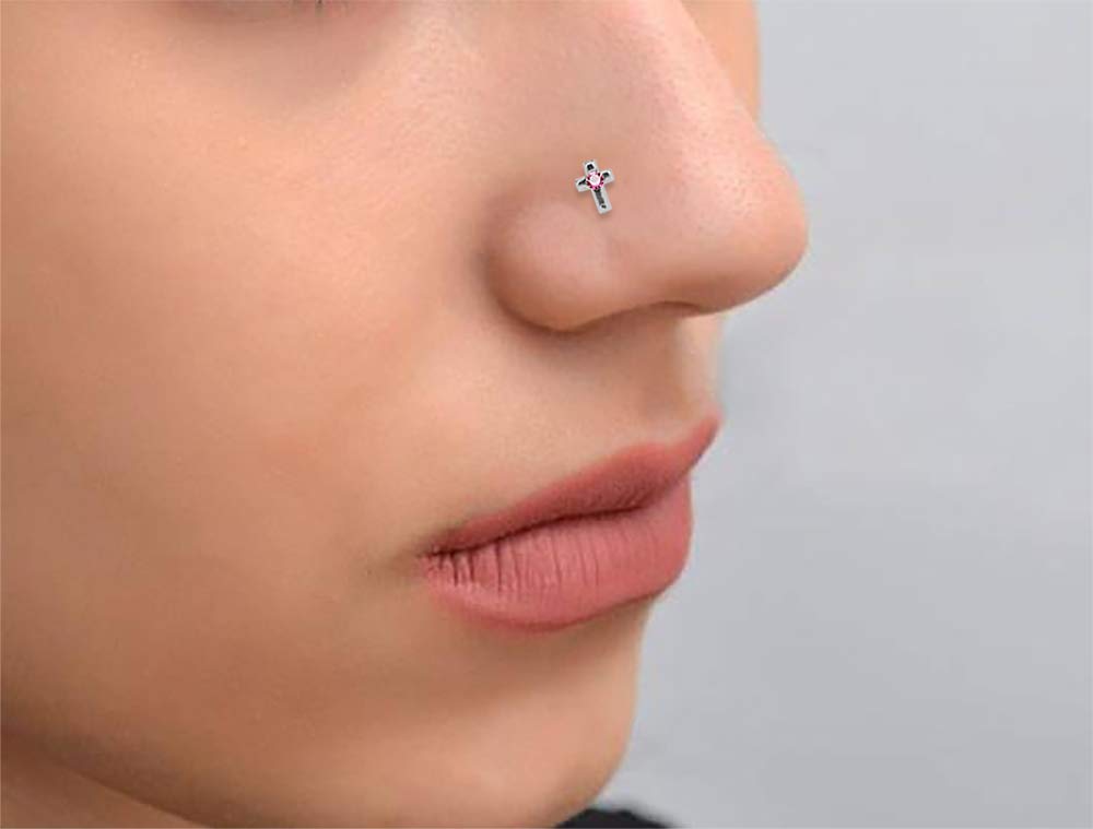 20 Pieces Box Set of Jeweled Cross Top Sterling Silver L Bend Nose Stud Jewelry