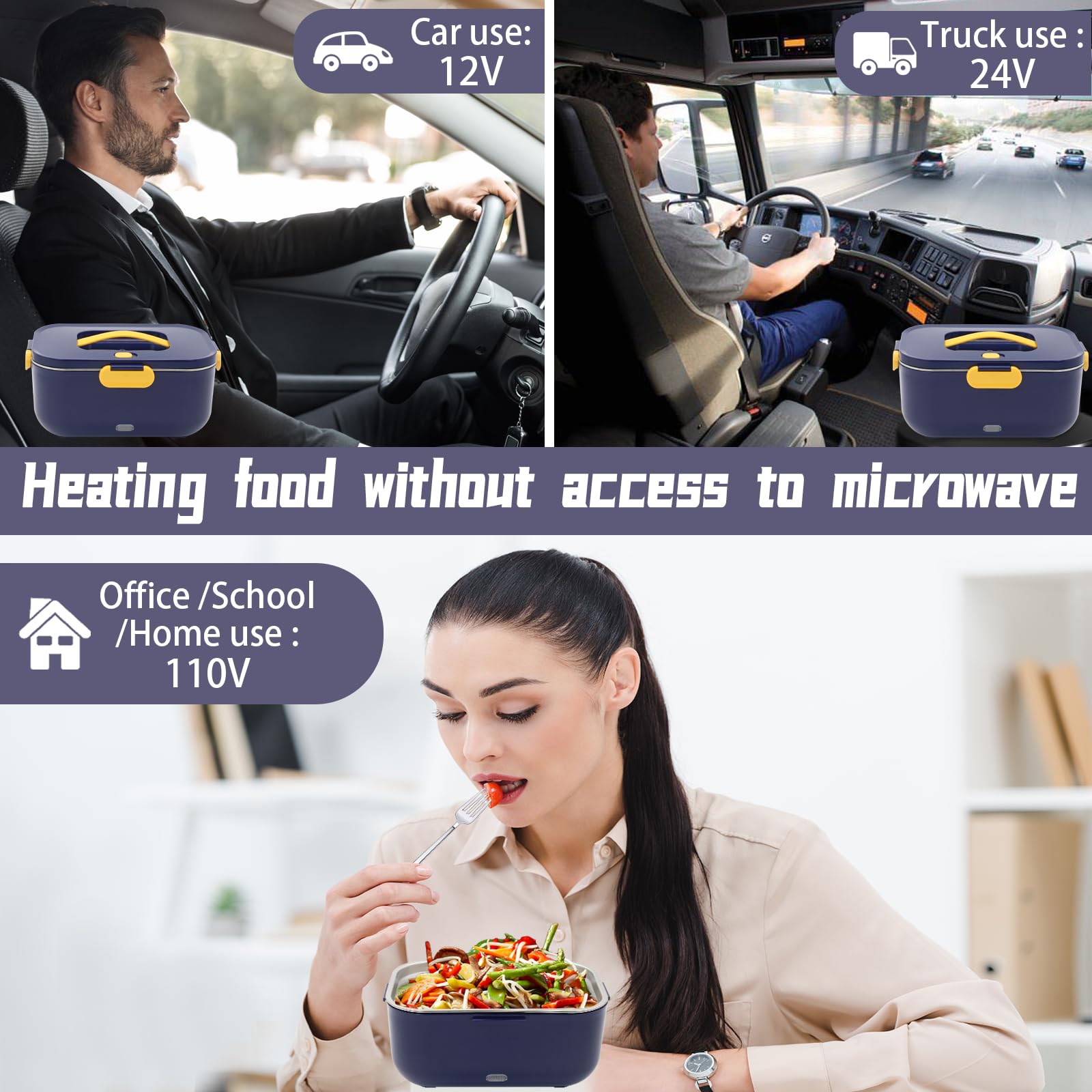2L Electric Lunch Box,80W Portable Food Warmer Lunch Box Fast Heated Lunch Boxes for Adults,Rechargeable 12V 24V 110V Self Heating Lunch Box for Car Truck Work with SS Container Fork Spoon Carry Bag