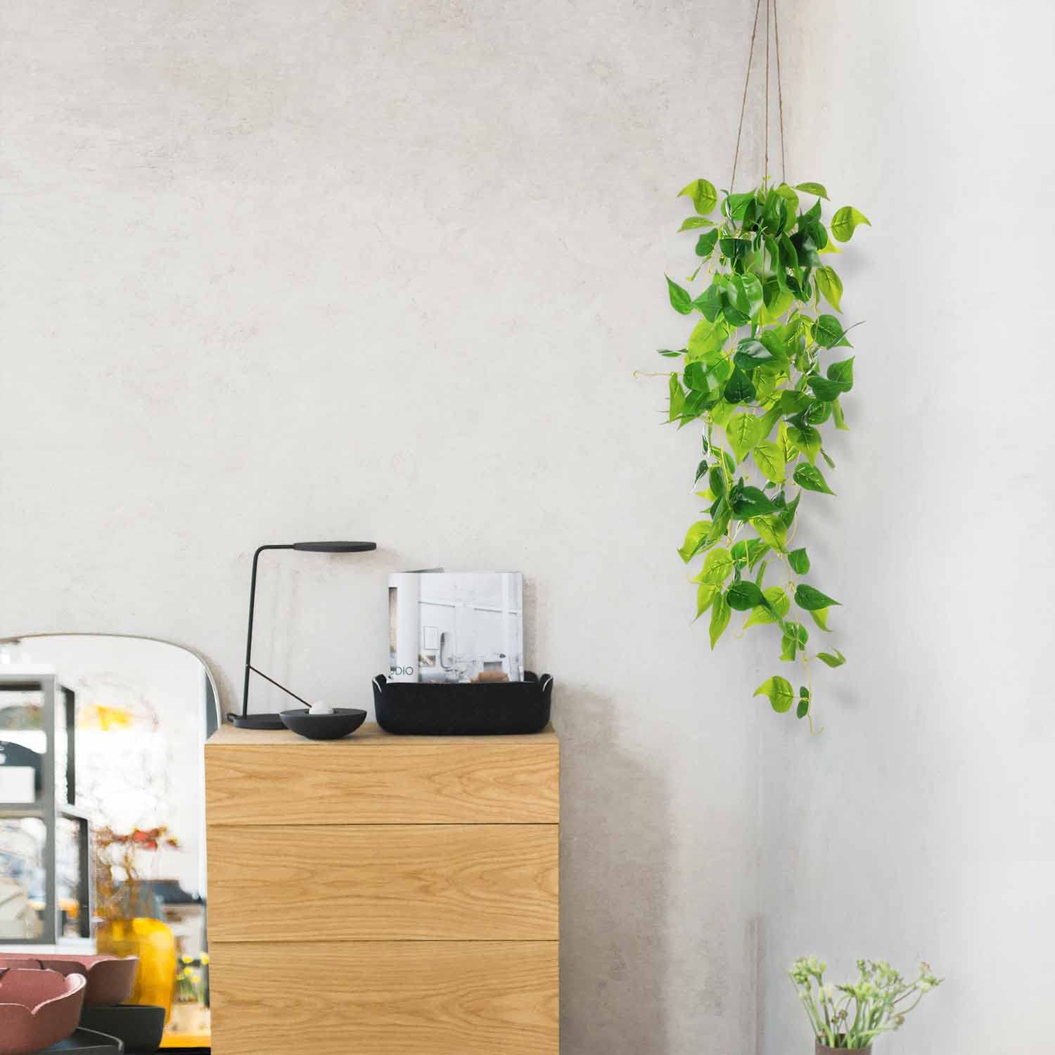 BACAMA Artificial Hanging Plants in White Pot Fake Greenery Vines Decor with Rope for Office Garden Home Wedding Room Decorations 1PCS