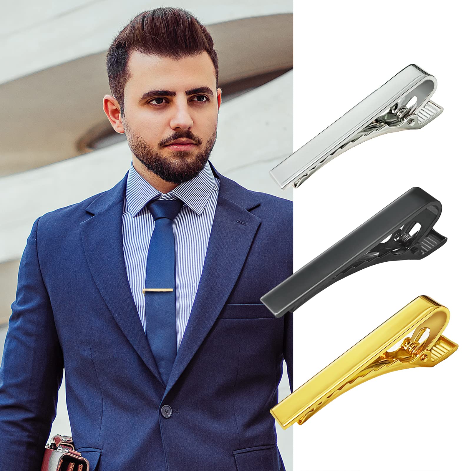 3 PCS Tie Clips for Men, Gaerliion Tie Clip Classic Tie Bar for Regular Ties, Necktie Wedding Business Clips (Black Silver Gold)