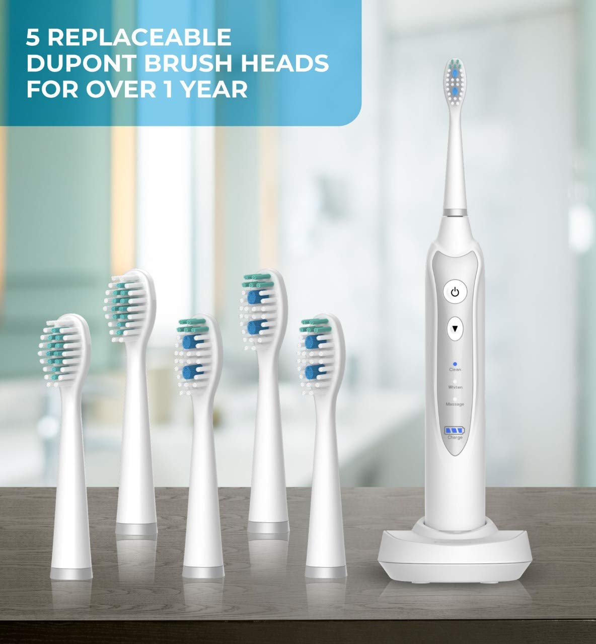 Sonic Electric Toothbrush for Adults with 5 Toothbrush Replacement Heads, 3 Brushing Modes & 2 Minutes Built-in Timer, Travel Toothbrushes with Inductive Charging, Rechargeable toothbrush | White