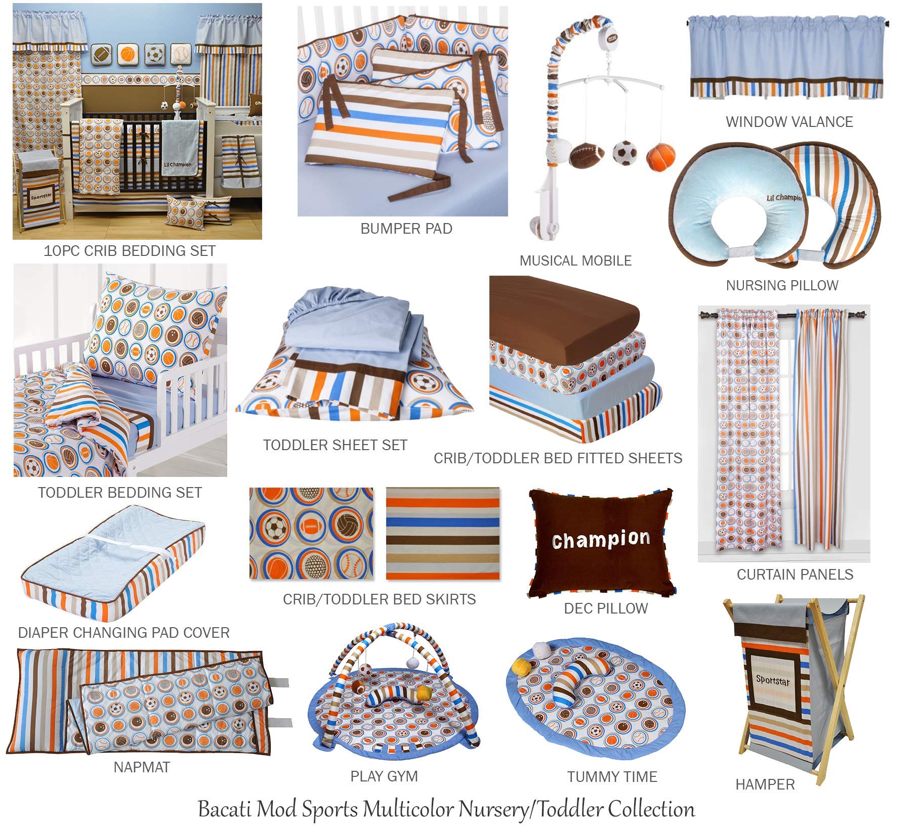 Bacati - 2 Pack MOD Sports Boys 100% Cotton Percale Universal Baby US Standard Crib or Toddler Bed Fitted Sheets (Stripes, Blue Orange Chocolate Brown)