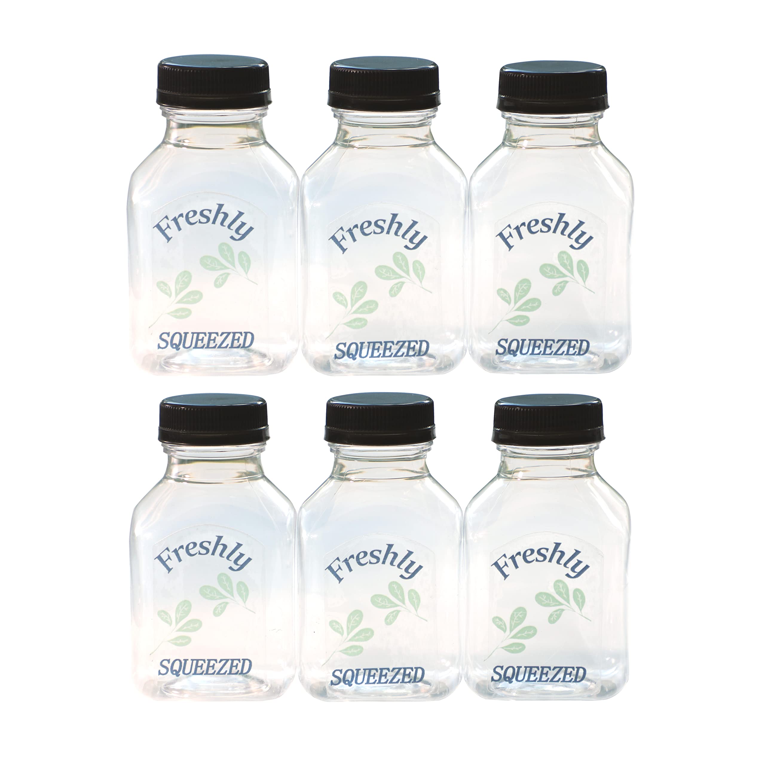 8 fl. oz. Square Juice Bottles w/ Tamper-Evident Caps (black) | 6 Pack | Reusable Clear Plastic Bottles for Juicing, Smoothies, Milk, Water, and other Beverages. Fruit Stickers included for labelling.
