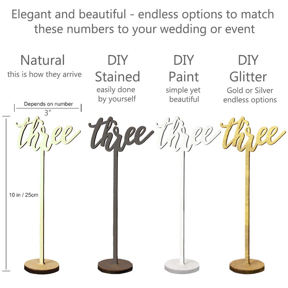 Activ8 Elegant Wooden Wedding Table Numbers | 1-12 Pack | Calligraphy Sticks Including Extra Thick Solid Base | Reception Party Home Decoration Centerpiece| Spray or Natural | Banquet Event Decor