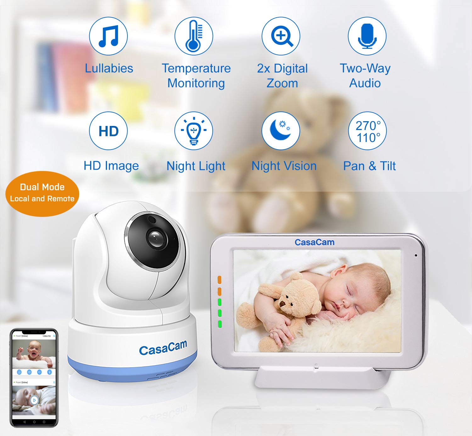 CasaCam Dual Mode Local & Remote View Baby Monitor with 5" Touchscreen and HD Pan & Tilt Camera, Secured Phone App, Two Way Audio, Lullabies, Nightlight, Night vision and Temperature Sensor. BM200 Pro