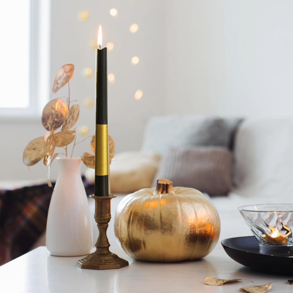 Black Taper Candles 12'' Tall with Gold Candle Sticks Set of 4 | Unscented | Home Decor Kitchen Decor Wedding Decorations (Gold)