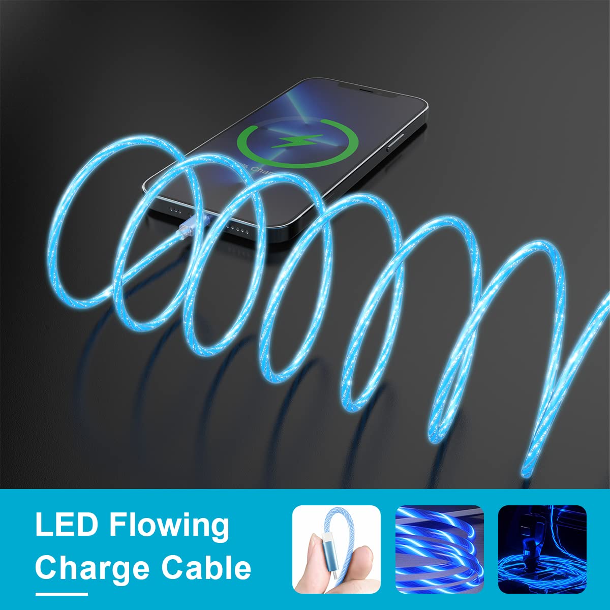 2M/6FT Flowing LED Light Up Lightning Charge Cable,Glowing Apple Charger Adapter Sync Data Connector Cord for Car with iPhone 13/12 Pro Max /11 Pro/XR/XS Max/X/8 7 SE 2020,iPad/iPod (Blue)