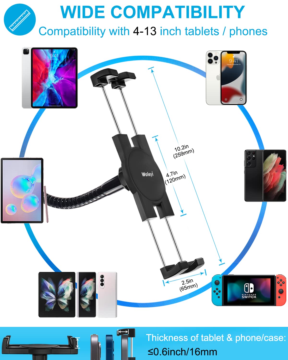woleyi Gooseneck Tablet Holder Mount, Heavy Duty Desk/Bed Tablet Stand, Flexible Arm Clip for iPad Pro Air Mini, Galaxy Tab/Z Fold, Fire HD, Surface Pro/Go, Switch, iPhone and More 4.7-13" Devices