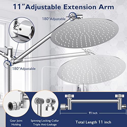 Rain Shower Head, 12" High Pressure Round Rainfall Shower Head Combo with 11" Adjustable Extension Arm, 5-Settings Handheld Shower Heads with 60" Stainless Steel Hose Anti-Leak (Chrome)