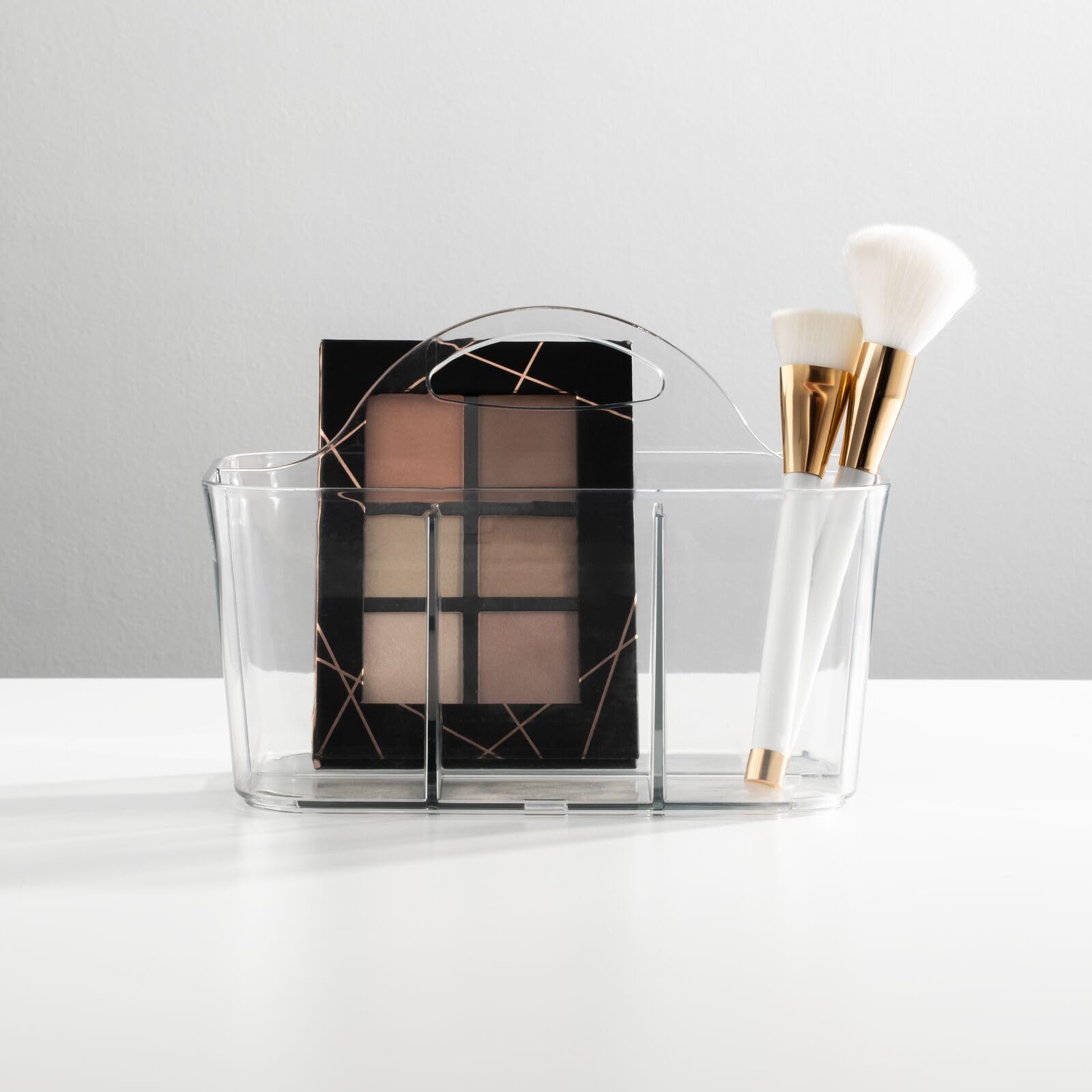 mDesign Plastic Makeup Storage Organizer Caddy Tote, Divided Basket Bin, Handle for Bathroom, Hold Eyeshadow Palettes, Nail Polish, Brushes, Shower Essentials, Small, Lumiere Collection, 2 Pack, Clear