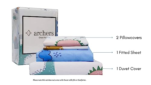 archers Kids Duvet Cover Set – Full, 4 pcs Include Reversible Duvet Cover, Fitted Sheet, 2 Pillowcases | 100% Cotton |Playful, Fun and Cozy Sheet Set | Dinosaur Print