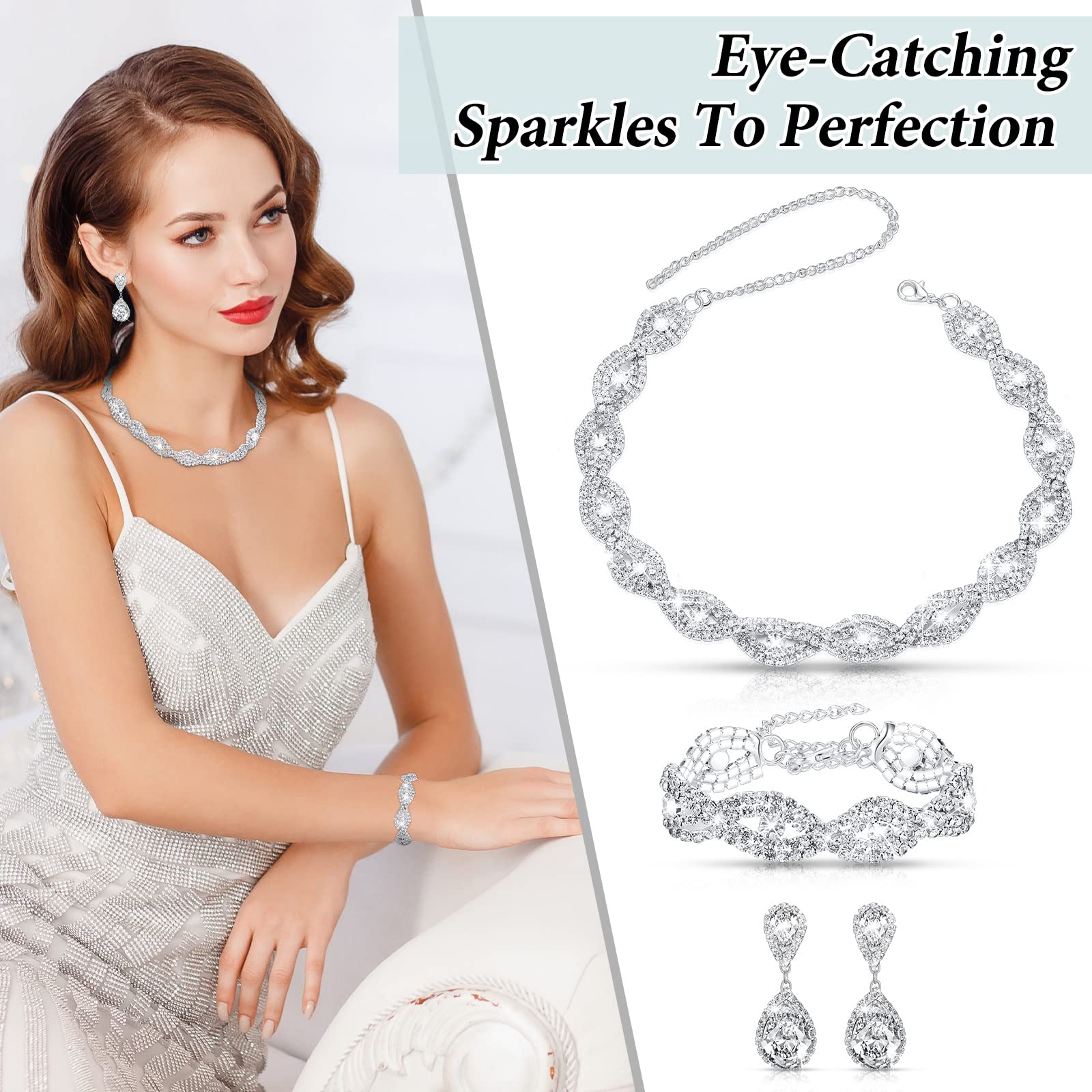 3 Pcs Women Crystal Jewelry Set Includes Bridal Wedding Rhinestone Choker Necklace Crystal Bracelets and Dangle Earrings (Modern Style)