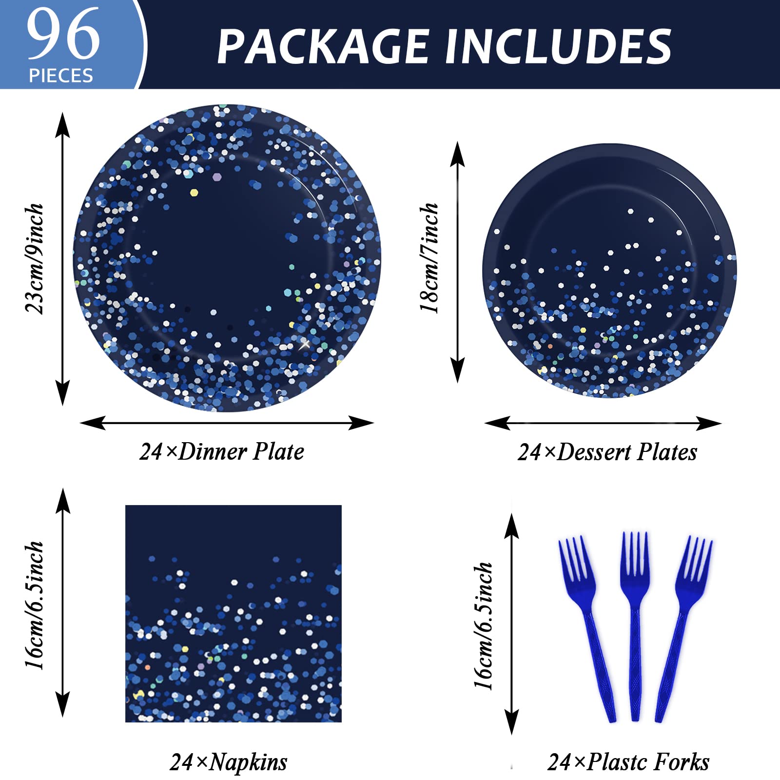 96 Pcs Blue and Silver Party Supplies Dot Confetti Paper Plates Sparkly Glitter Theme Party Decoration Confetti Party Tableware Set Bridal Shower Birthday Party Paper Plate Napkin Fork 24 Guests