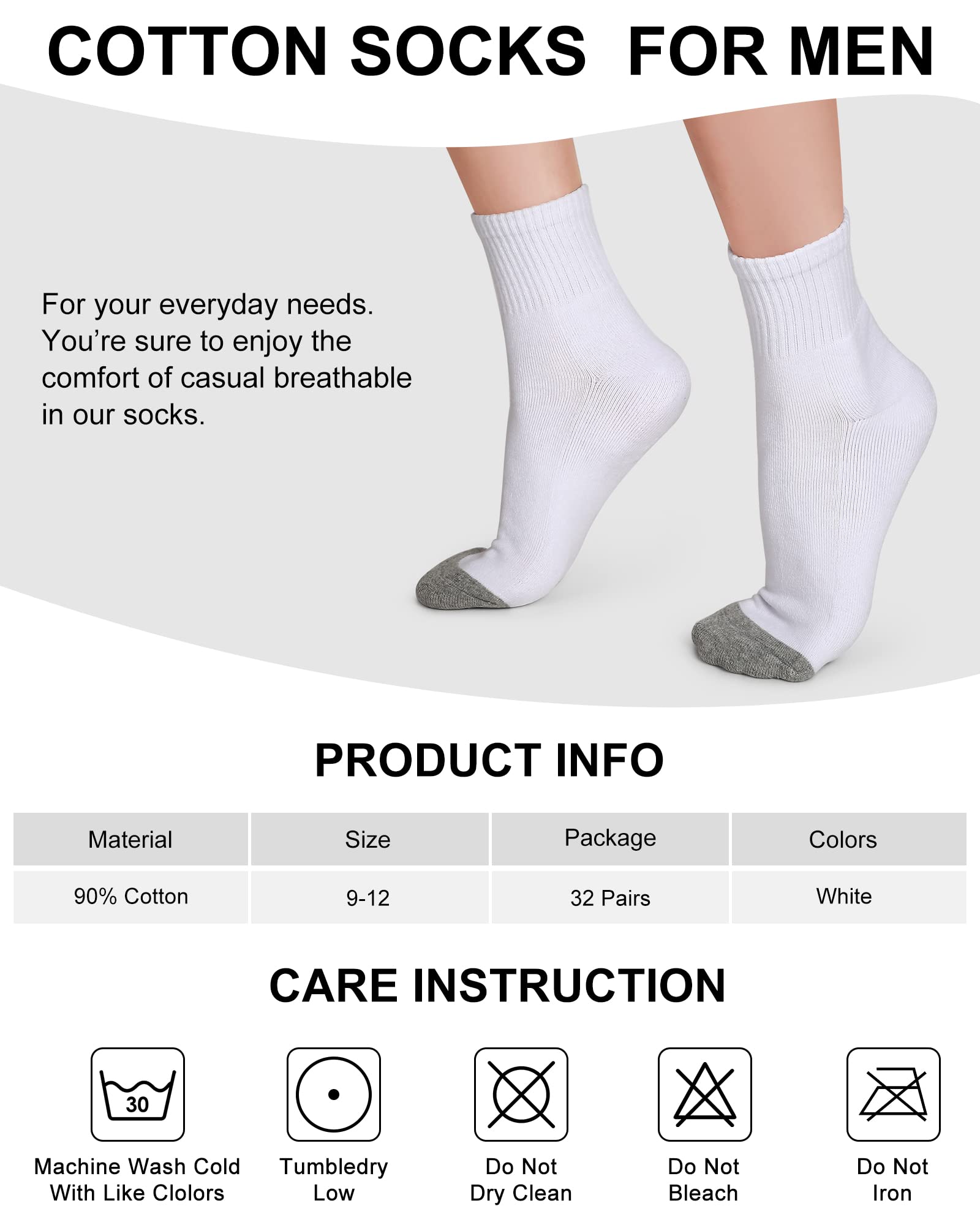 32 Pairs Men Cotton Socks Bulk 9-12 Athletic Ankle Socks Thick Cushion Socks for Men Women Homeless (Black)