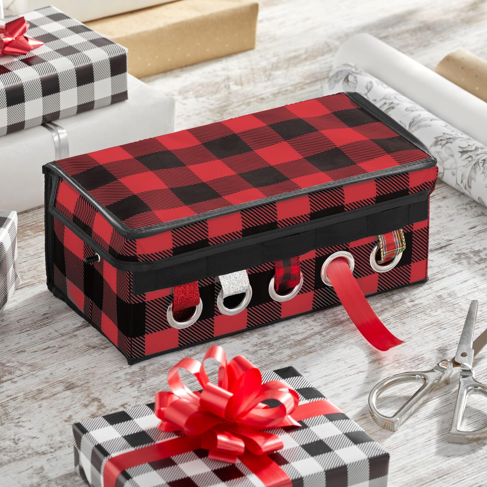 mDesign Gift-Wrapping Ribbon Storage Box with Handles - Holiday Bow Organizer Container with Lid - Christmas Giftwrap Ribbon Holder - Gift Storage Tote Bin and Bow Station - Buffalo Plaid Red/Black