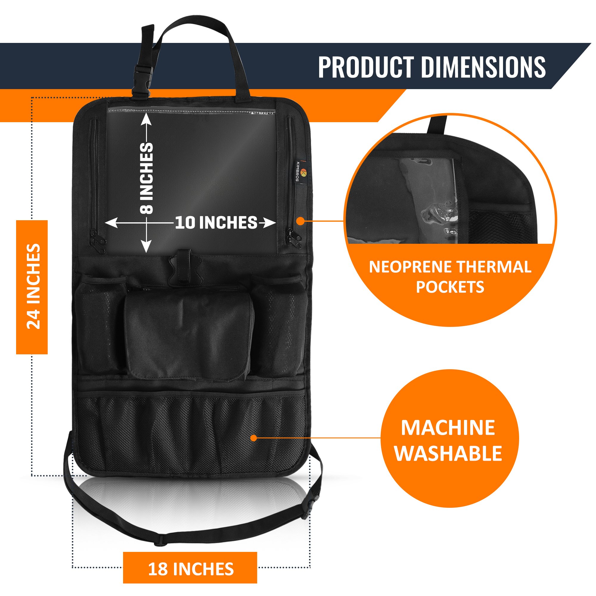 Kimbros Backseat Organizer with Tablet Holder for any age, (Holds IPAD PRO 10.5), Multiple Pockets, Side Double zipper for cables, Extra Long Harness with buckle for any size car, Baby wipe pouch
