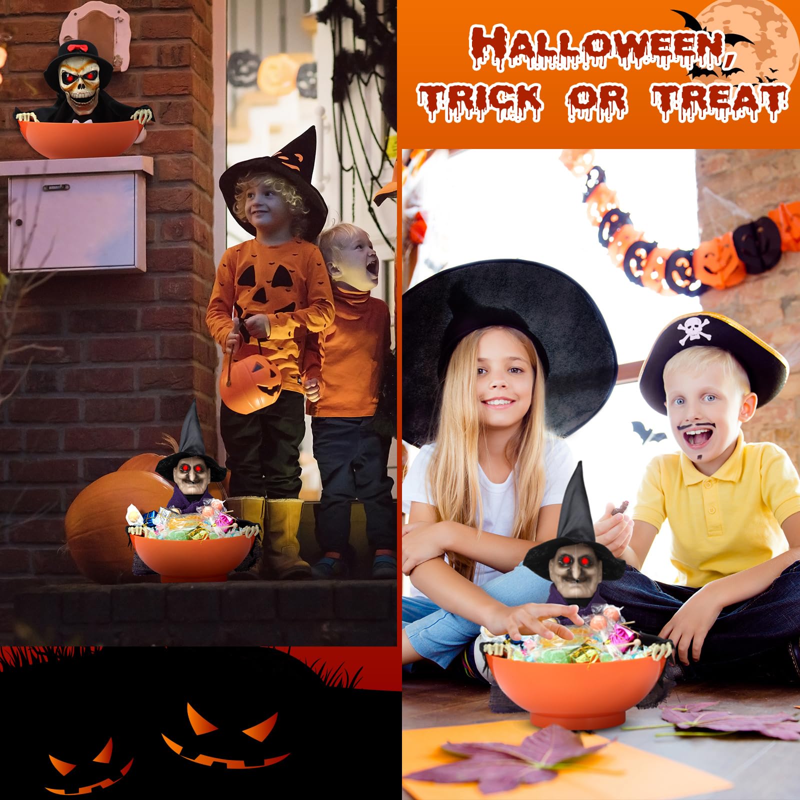 Sliner 2 Pack Halloween Candy Bowl Witch Candy Bowl & Skull Candy Bowl w/ LED Eyes & Creepy Sound (Sound Activated) Trick or Treat, Candy Holder Halloween Party & Easter Decorations (BIO-Sliner-80)