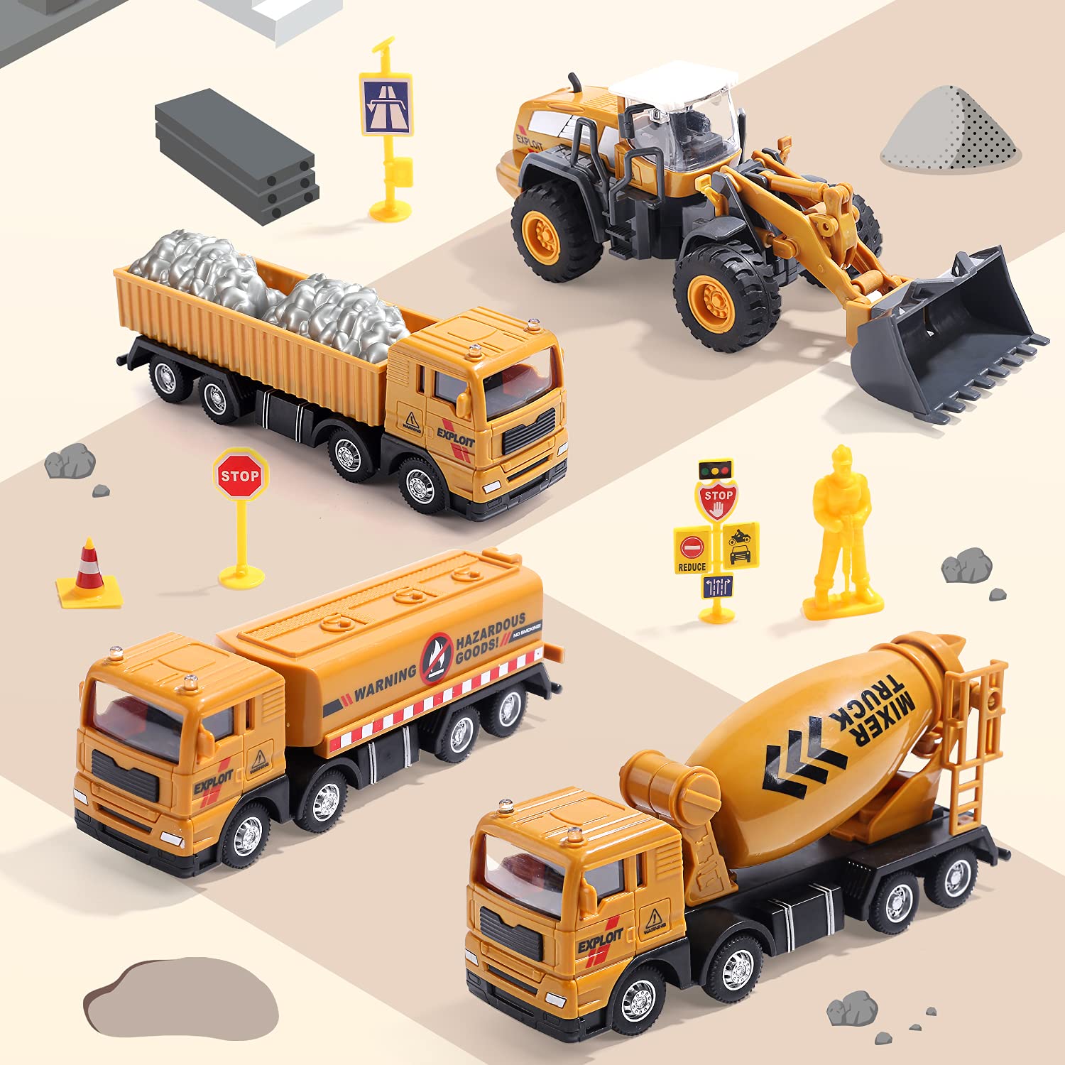 CUTE STONE Construction Vehicles Playset with Playmat, Kids Engineering Truck Set with Crane, Excavator, Tractor with 3 Interchangeable Parts, Cement, Truck, Educational Gift Toy for Toddlers Boys