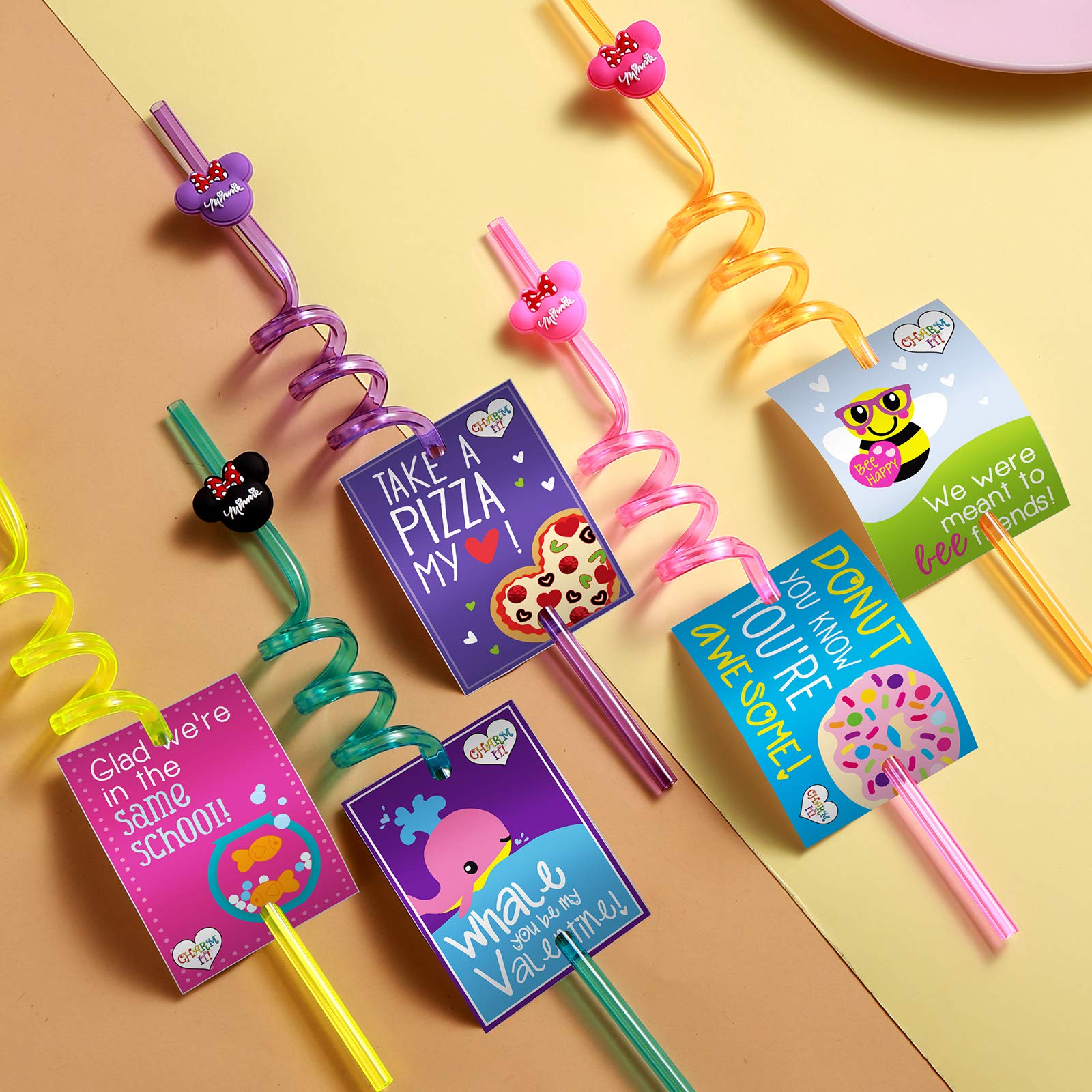 25 Mouse Ear Straws with 2 Cleaning Brush 5 Designs Great for Minnie Theme Birthday as Party Favors and Party Supplies