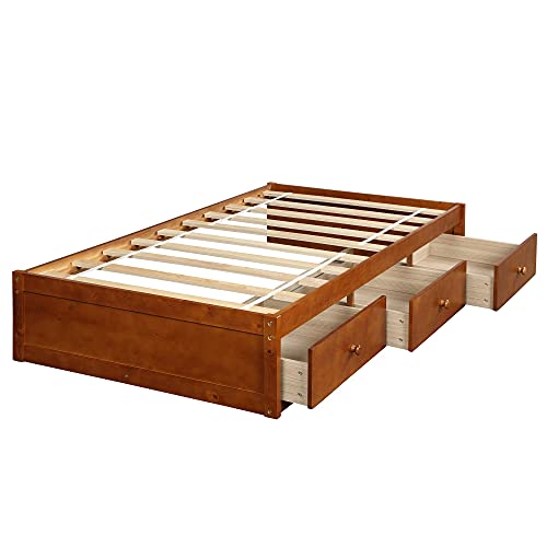 SOFTSEA Storage Bed with Drawers for Kids Twin Bed Frame Wood Platform Bed Frame with Wood Slat Support, No Box Spring Needed (Oak)