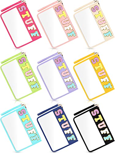 9PCS Clear Chenille Letter Bag Multi-purpose Stuff Snack Pouch Bag PVC Preppy Makeup Stuff Bag with Wristlet Waterproof Snack Stadium Bag Organizer Cosmetic Bag for Women Travel (Multicolor,Stuff)