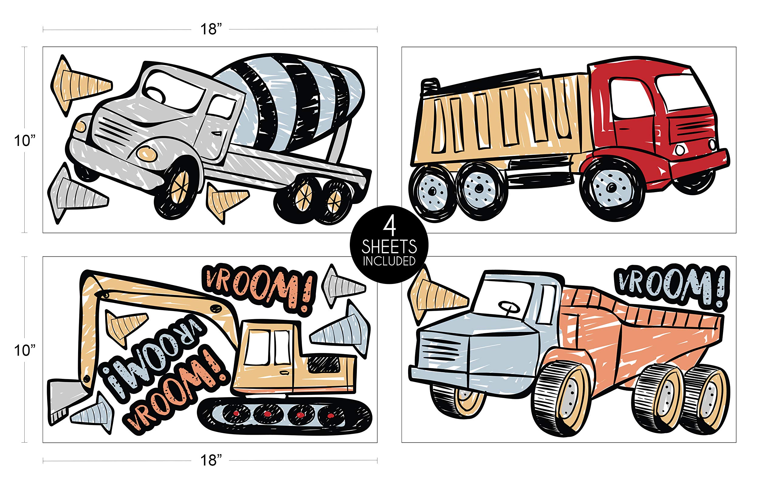 Sweet Jojo Designs Construction Truck Large Peel and Stick Wall Decal Stickers Art Nursery Decor Mural - Set of 4 Sheets - Grey Yellow Orange Red and Blue Transportation Zone Vehicles