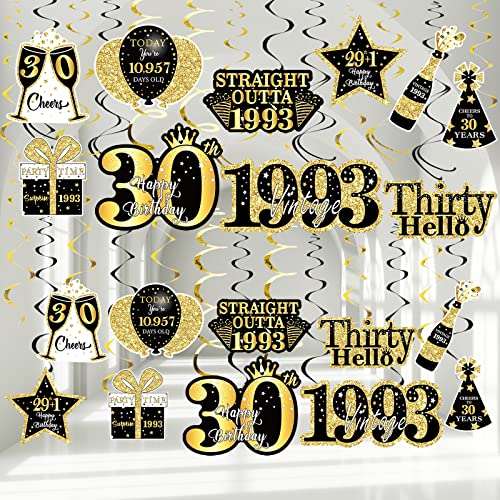 36PCS Black Gold 30th Birthday Decorations Hanging Swirls for Men Women,Happy 30th Birthday Party Supplies Vintage 1993 Foil Swirls,Thirty Year Old Birthday Ceiling Hanging Decorations Sign Decor