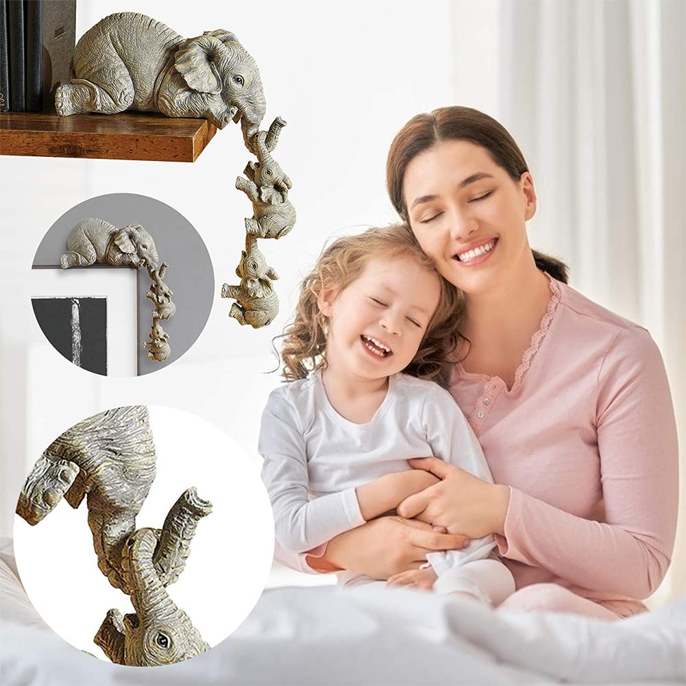 Elephant Sitter Resin Figurines, Elephant Mothers Hanging Two Babies Statue, Suitable for Home Decoration on Shelf or Table Edge, Collections Figurines Gifts for Mother's Day