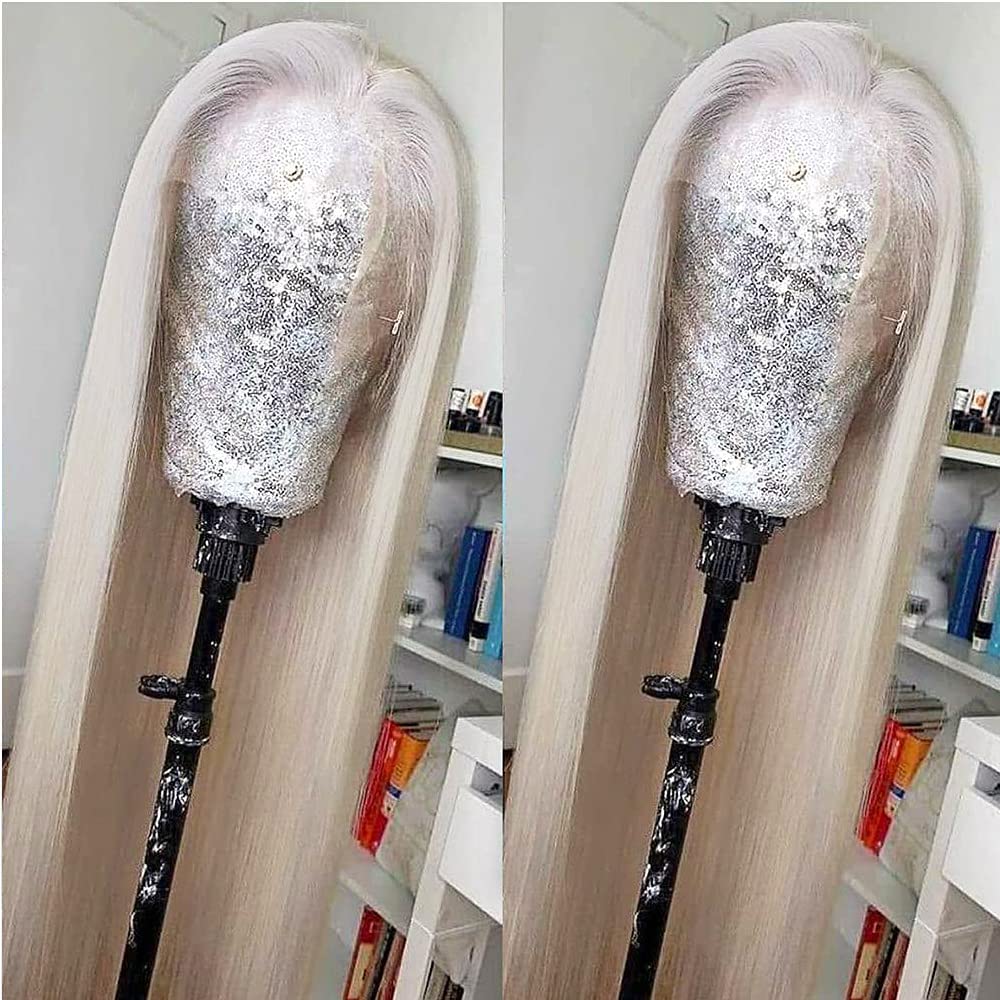 Missyvan White Hair Color 13 * 4 Lace Front Wig Glueless Long Straight Hair Wigs Platinum White Heat Resistant Fiber Hair Synthetic Lace Front Wigs for Fashion Women 28Inches