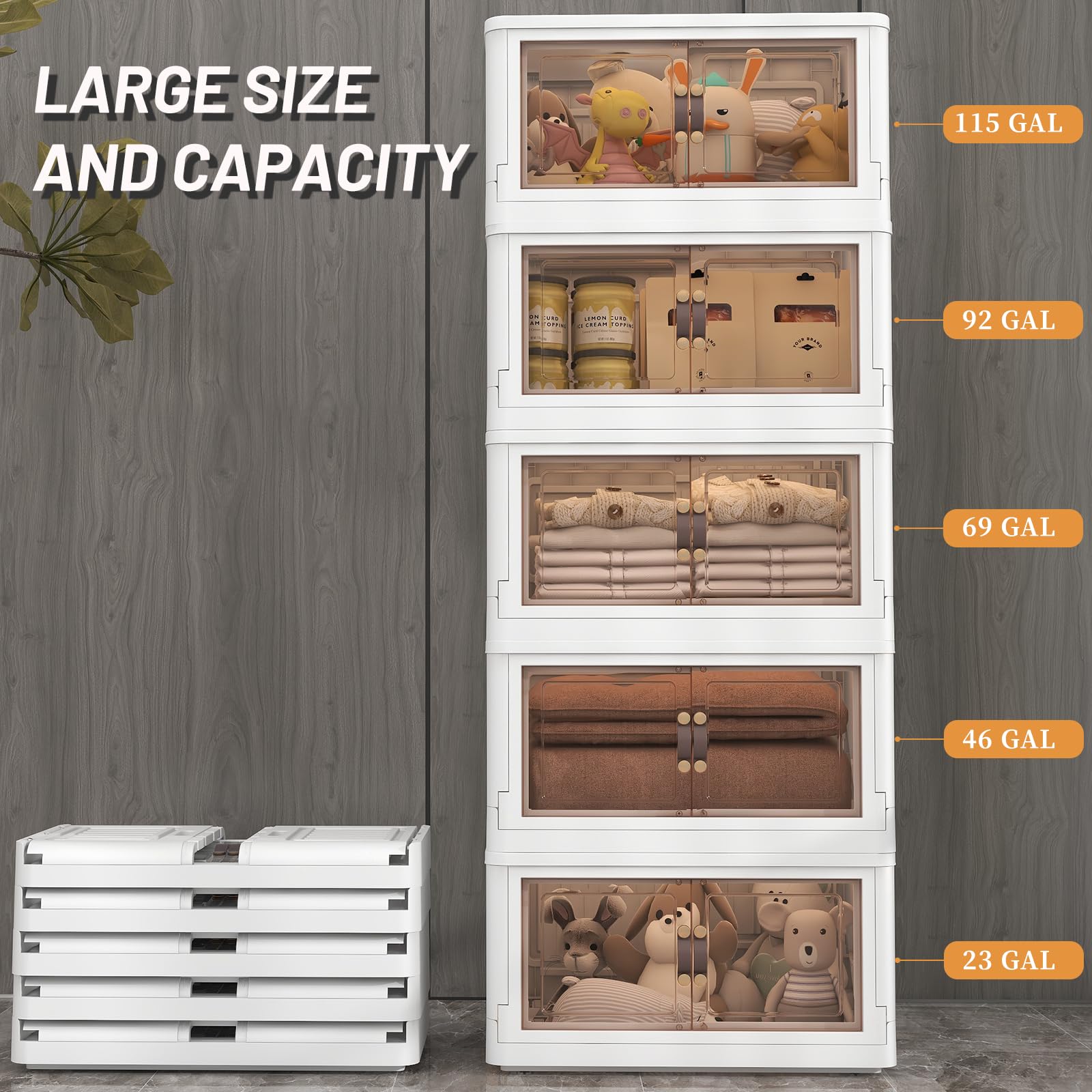 Storage Bins with Lids, 23 Gal White Closet Organizers and Storage, 5 Packs Collapsible Storage Bins with Wheels, Plastic Storage Bins, Double Door Stackable Storage Bins for Home and Office