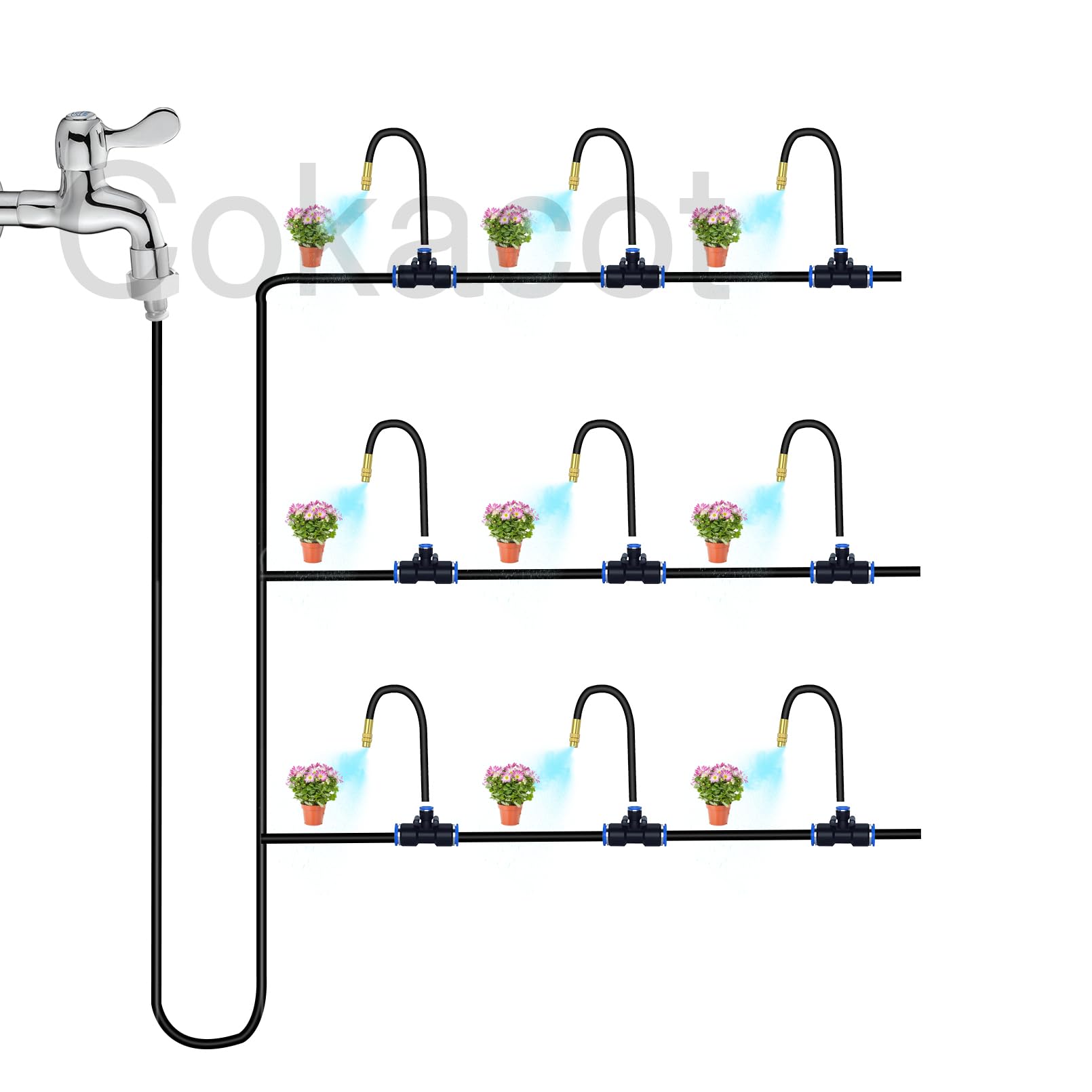 49.21Ft Bendable Drip Irrigation Kit 360°Adjustable Automatic Watering System + 15 Upgraded T-Joints + 15 Misting Nozzles + Faucet Adapter + Install Adapters for Garden Flower Bed (45PCS)