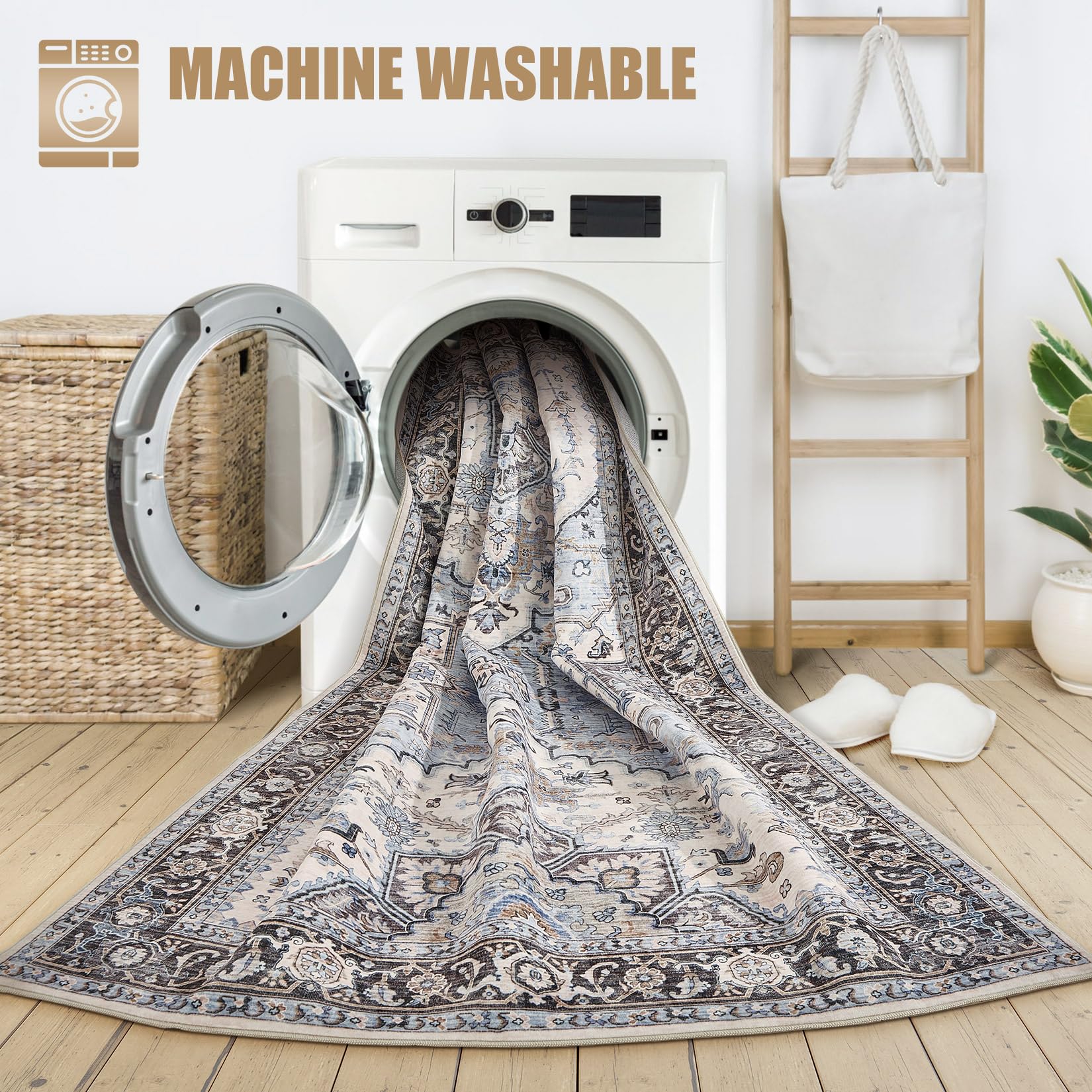 Area Rug Living Room Rugs - 8x10 Soft Machine Washable Oriental Persian Floral Distressed Rug Large Indoor Floor Carpet for Bedroom Under Dining Table Home Office Decor - Cream Blue