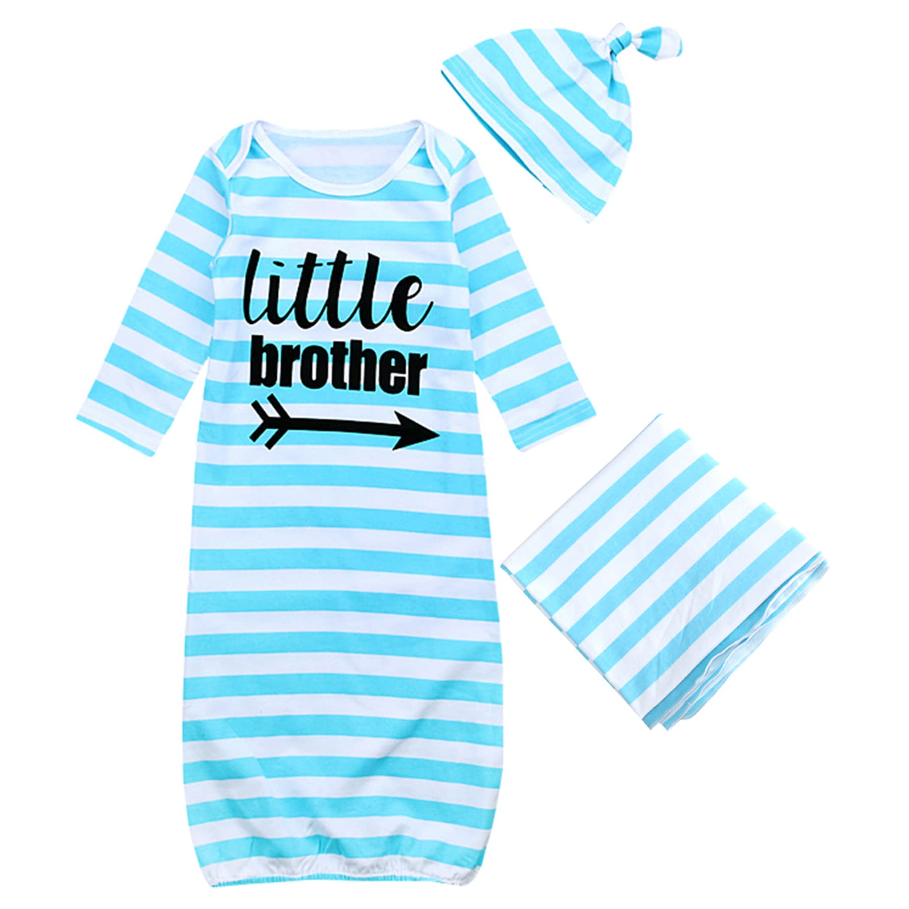 3pcs Set Baby Sleeper Gown, Newborn Swaddle Receiving Blankets and Hat, Infant Shower Gift for Little Brother 0-6 Months WB1 Blue