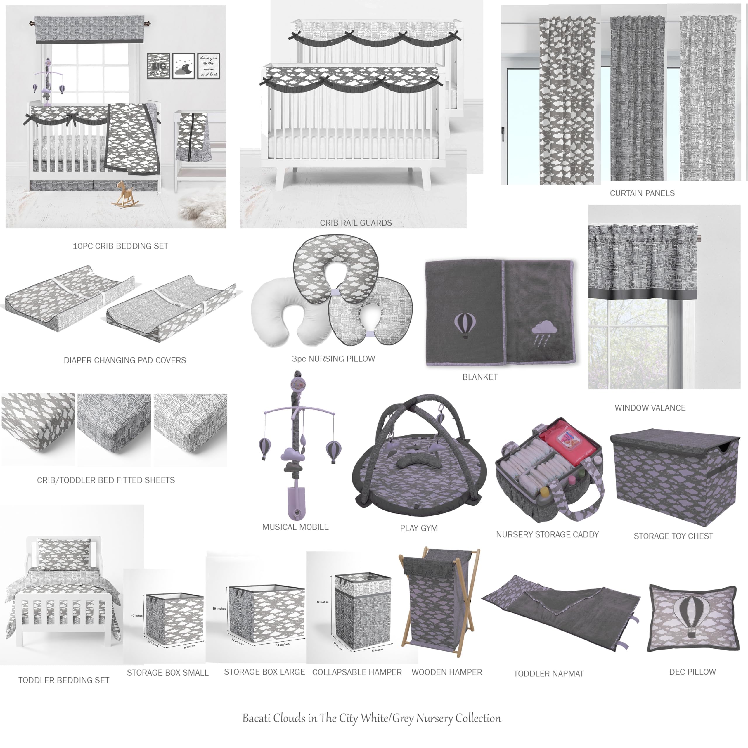 Bacati Clouds in The City Grey Clouds Crib/Toddler Bed Skirt Dust Ruffle, White/Grey