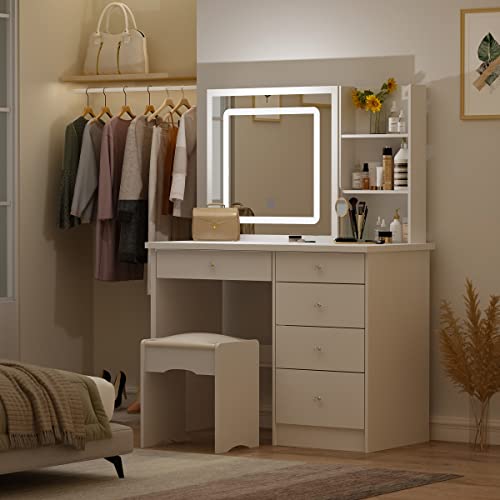 AIEGLE Large Vanity Desk Set with Sliding Lighted Mirror, Makeup Dressing Table with Hidden Shelves & Cushioned Stool, White - Sliding Lighted Mirror