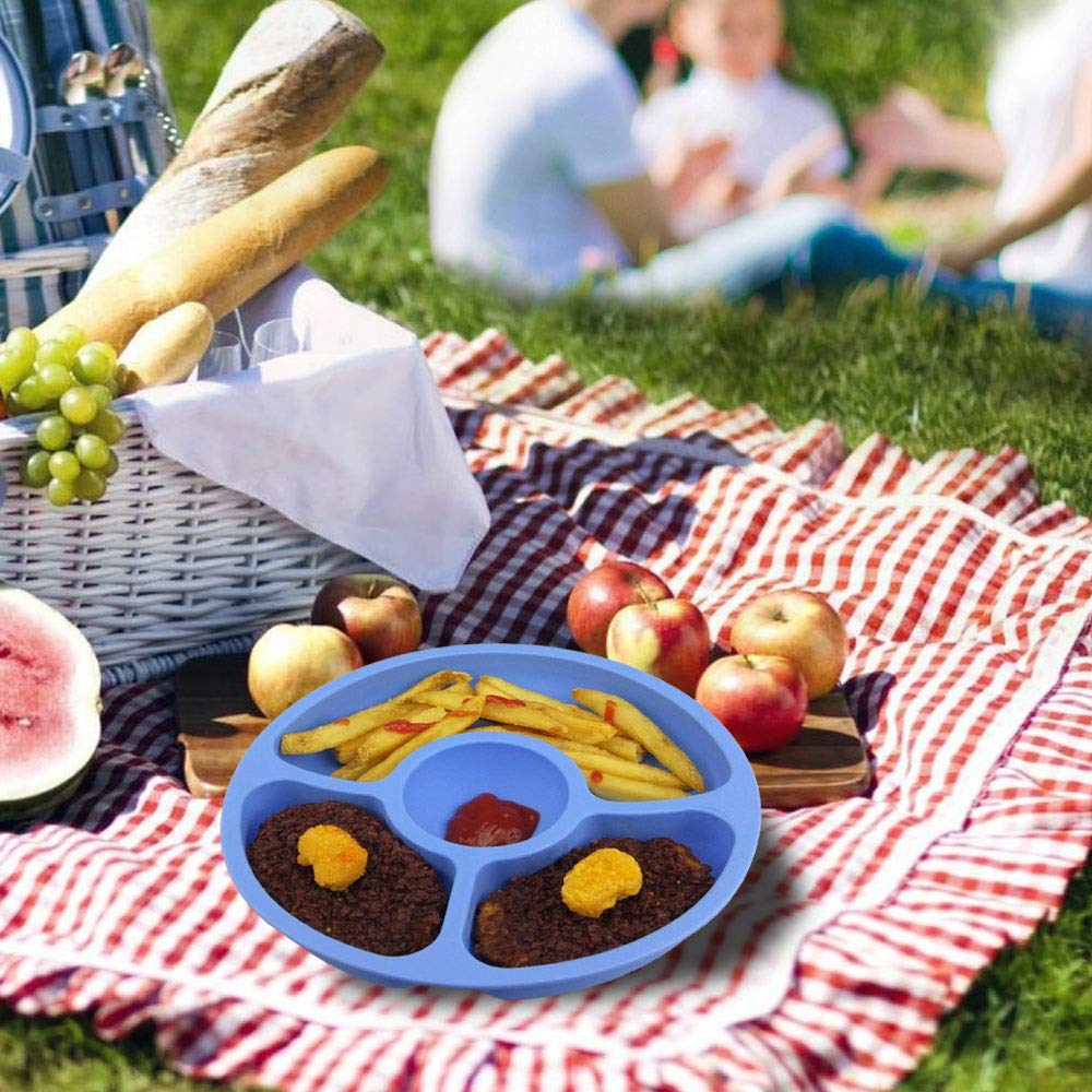 SILIVO 4 Pack Toddler Plates, Divided Plates for Adults and Kids - Silicone Sectional Serving Platters,Snack Serving Dishes for Parties