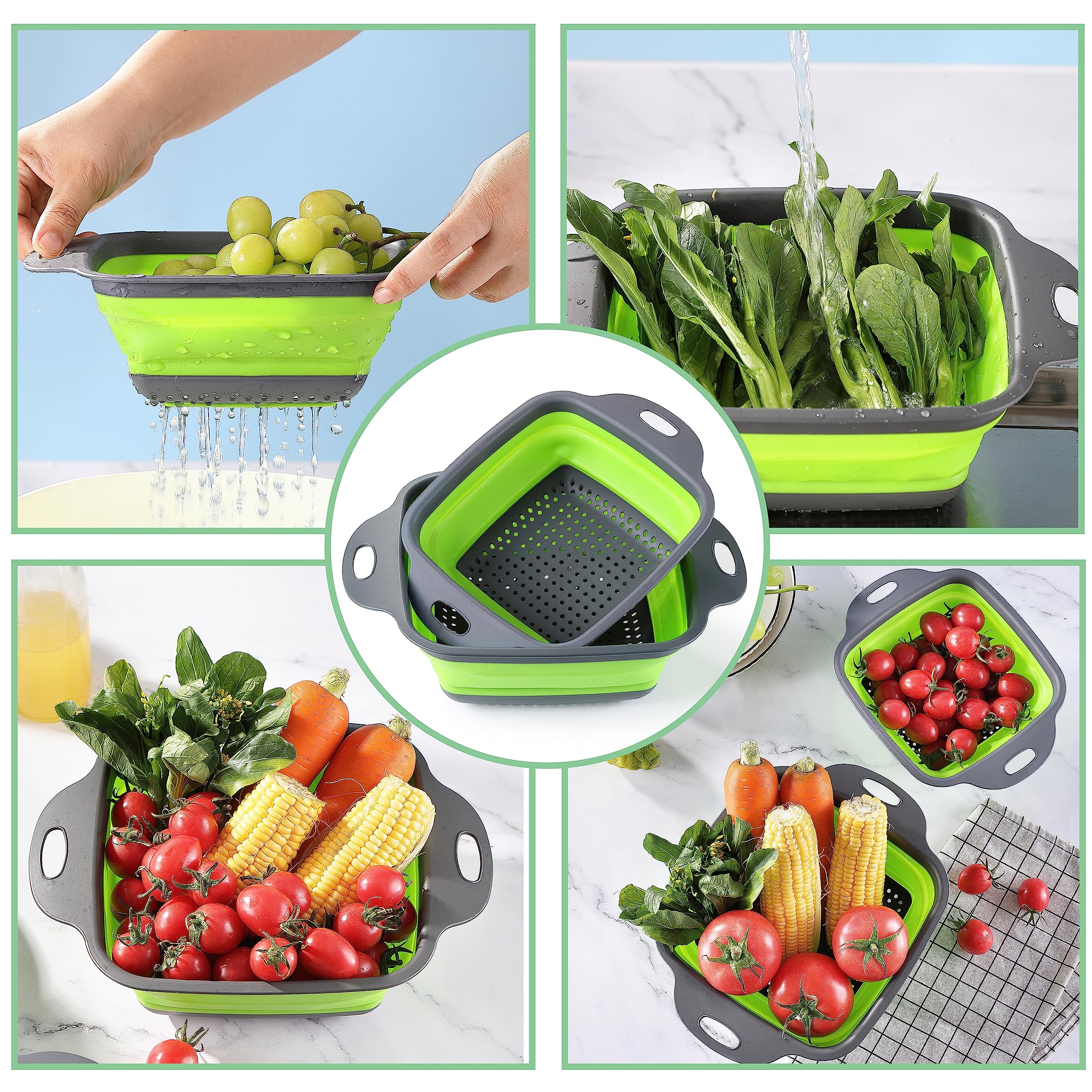 2PCS Collapsible Strainer, JJOO Silicone Collapsible Colander, 11.5 inch Square Silicone Colander and 9.5inch Square Silicone Colander, Vegetable and Fruit Colander, Kitchen Food Strainers (Green)