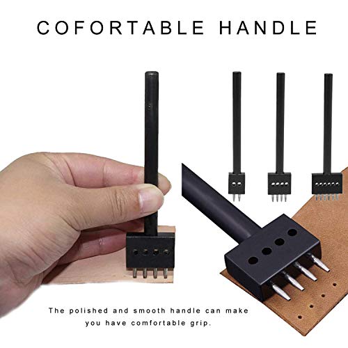 Prong Punch Tool Set - 3pcs 5mm Leather Row Round Hole Tooth Punch Tool, 2/4/6 Prong Circular Cut Lacing Stitching Chisel DIY Leathercraft Punching Accessories Kits for Leather Craft Supplies