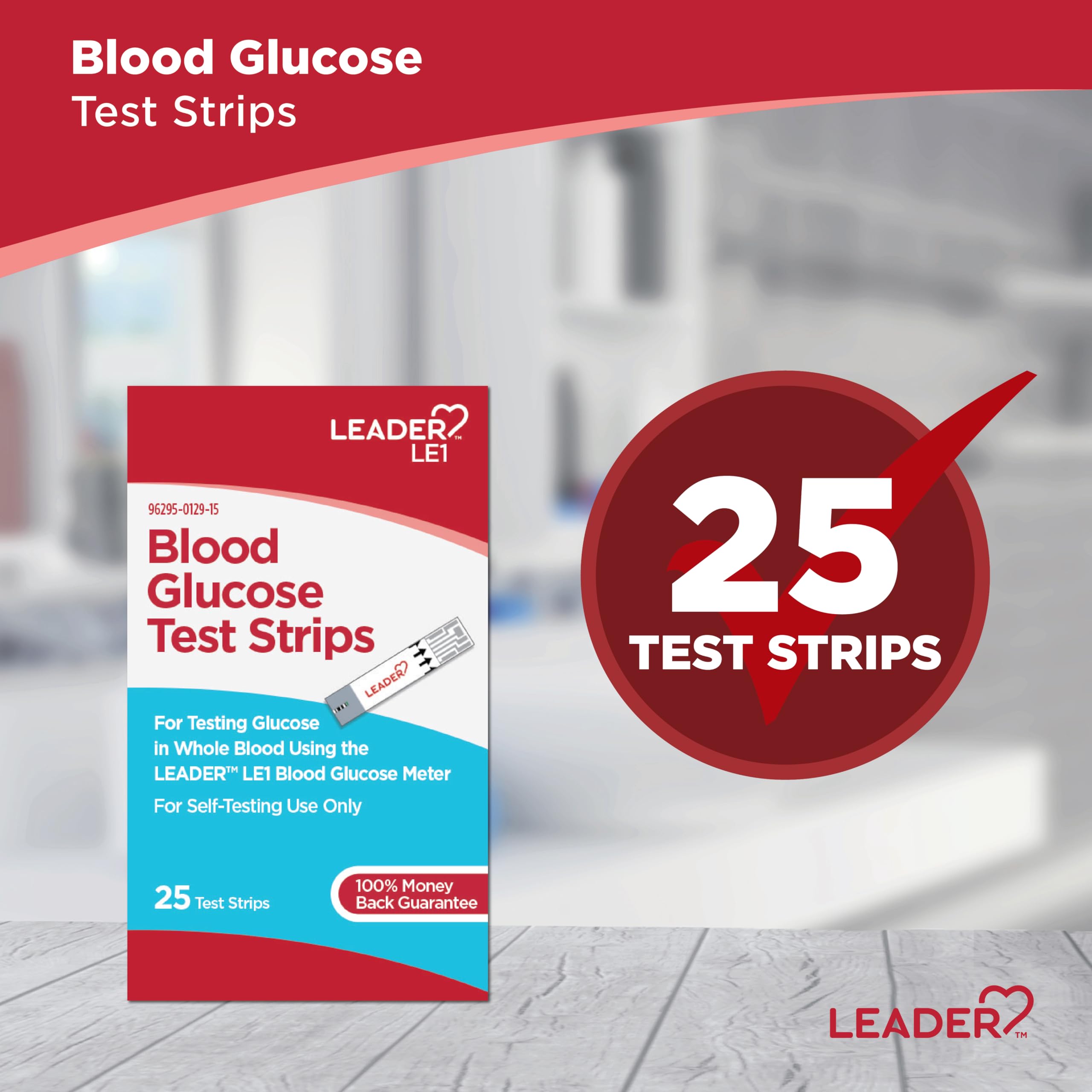 LEADER Blood Glucose Test Strips for Diabetes, No-Coding, Fast Accurate Results, Compatible with LEADER Blood Sugar Monitor only, 25 Strips, Pack of 1