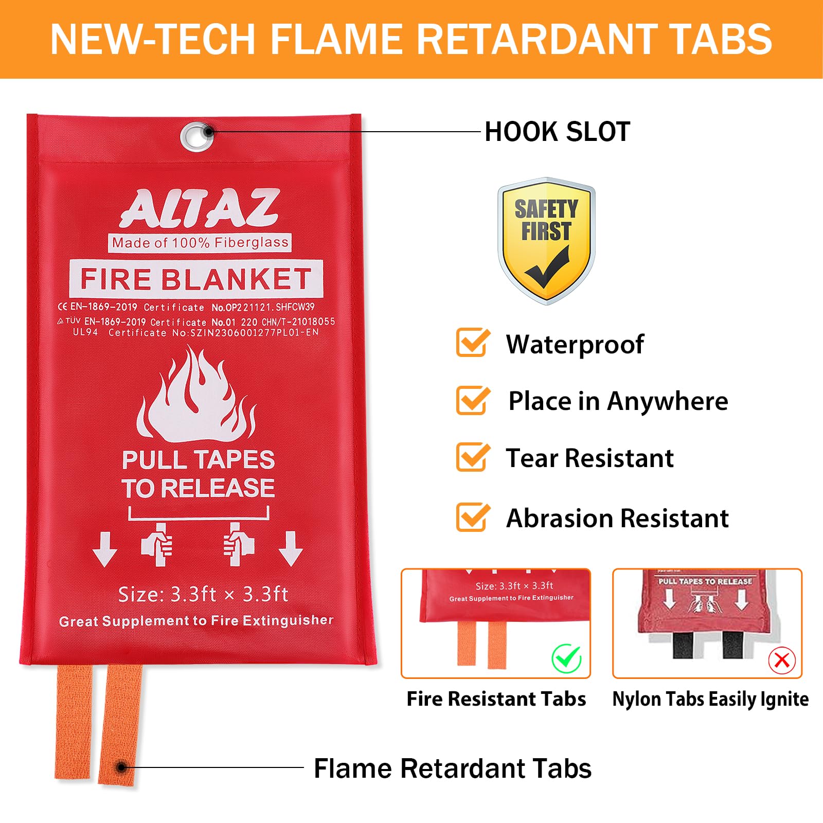 Emergency Fire Blanket for Home Kitchen - 39.4"x39.4" Flame Suppression Fiberglass Fire Blankets for Camping, Grill, Car, Office, Warehouse, Fireplace, Survival, Safety Altaz (2 Pack)