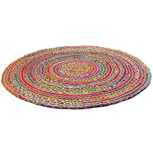 Eyes of India - 6 ft Round Colorful Natural Jute Chindi Sisal Woven Area Braided Rug Boho Chic Bohemian Accent Indian Handmade Handwoven