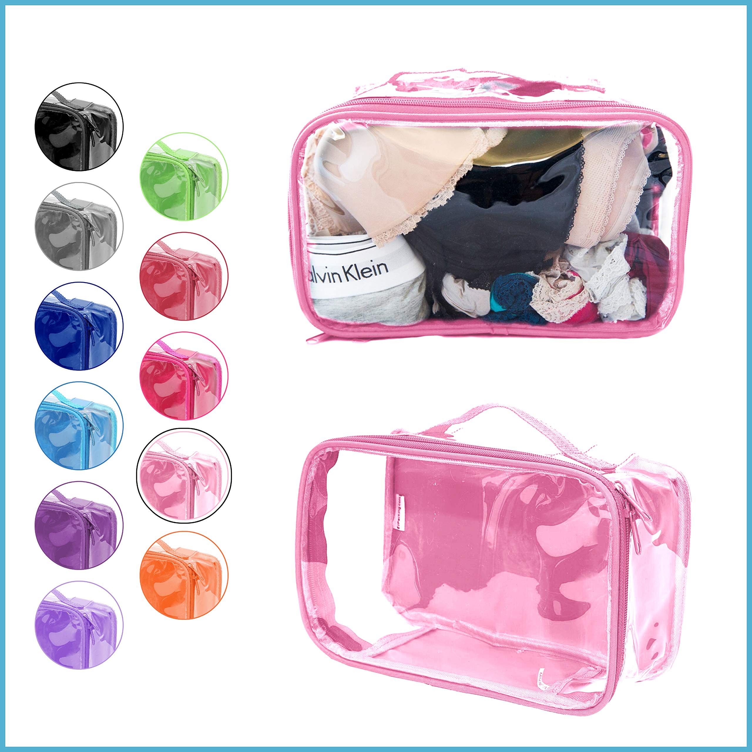 Small Clear Travel Packing Cube/See Through PVC Plastic Pouch for Carry On Suitcase, Backpack or Diaper Bag/Transparent Multipurpose Accessories, Makeup & Underwear Organizer w/Handle (Rose)