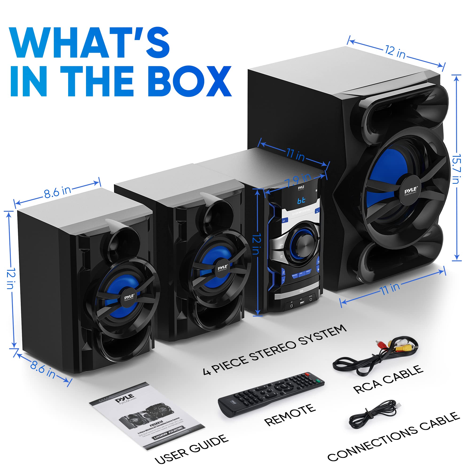 3-Piece Wireless Bluetooth Stereo System - 1000 Watt DVD Shelf System for Home with DVD Player, MP3, USB, FM Radio, Bass Reflex Speaker, and Remote Control, Compact & Portable - PHSKR14.5