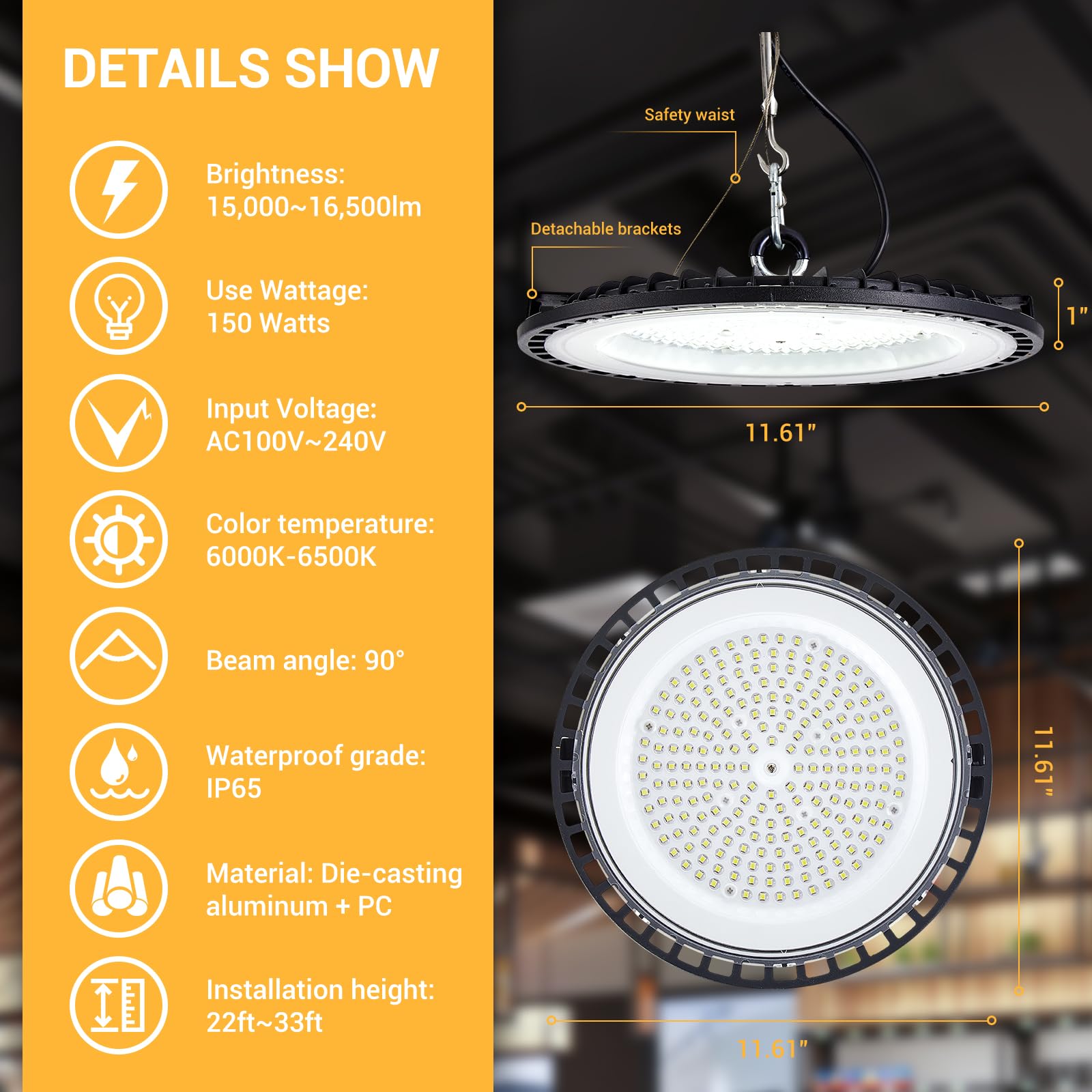 DADUL 6 Pack UFO LED High Bay Light, 150W 16,500LM LED High Bay Light, 6500K Daylight LED Shop Lights with US Plug, IP65 Waterproof Commercial Bay Lighting for Workshop, Garage, Warehouse