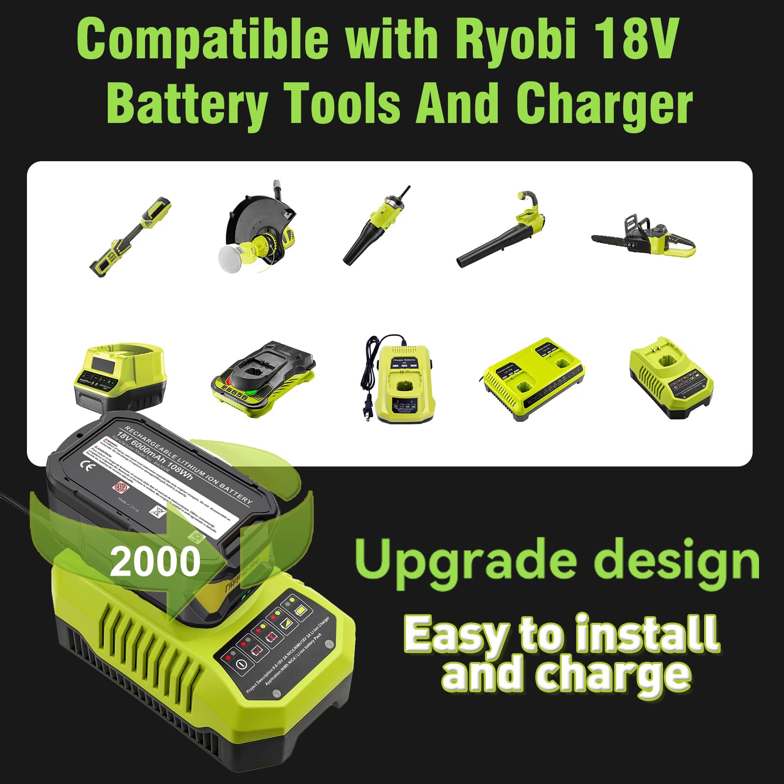 2Pack 6.0Ah Replacement for Ryobi 18V Battery and Charger Combo Replacement for Ryobi 18V Lithium P102 P103 P104 P105 P107 P109 P108 P190 P122 Cordless Tools Battery and P117 Charger
