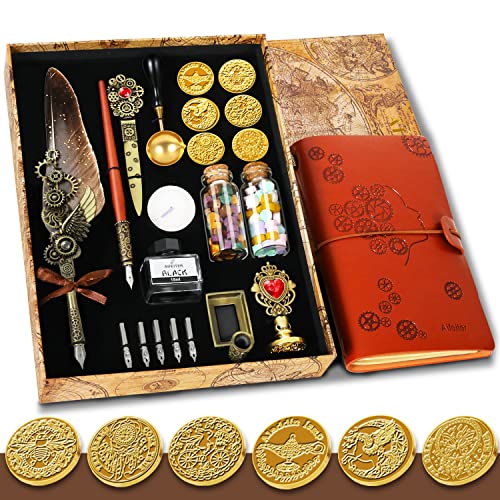 Aifeiter Feather Calligraphy Pen Set.Quill Pen Ink Set.Wax Seal Stamp Set,include Feather Pen.5D Relief Seal,Leather Notebook,Etc.Birthday Gift,Christmas Gift.Gift Selection Calligraphy Pen Set-Grey