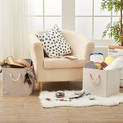 EZOWare Foldable Bamboo Fabric Storage Bin with Cotton Rope Handle, Collapsible Resistant Basket Box Organizer for Shelves, Closet, and More (Set of 2, Beige)